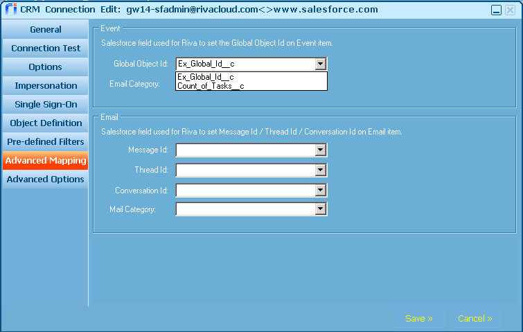Salesforce Configure Advanced Mappings In Crm Connection Riva Engine Knowledgebase