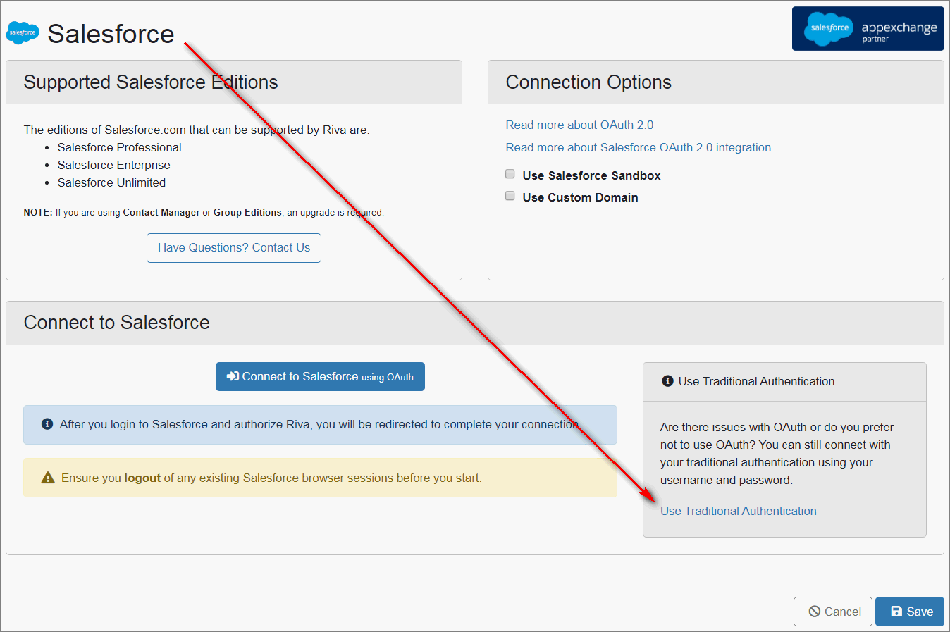 Create A Traditional Salesforce Connection Riva Cloud Riva Engine Knowledgebase