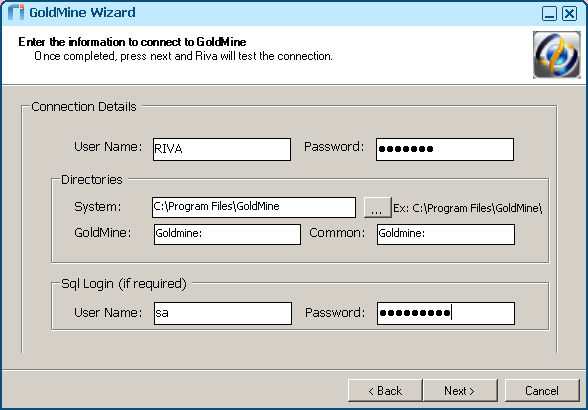 Create Test And Edit A Goldmine Crm Connection Riva Engine Knowledgebase