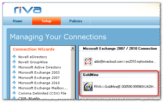 Create Test And Edit A Goldmine Crm Connection Riva Engine Knowledgebase