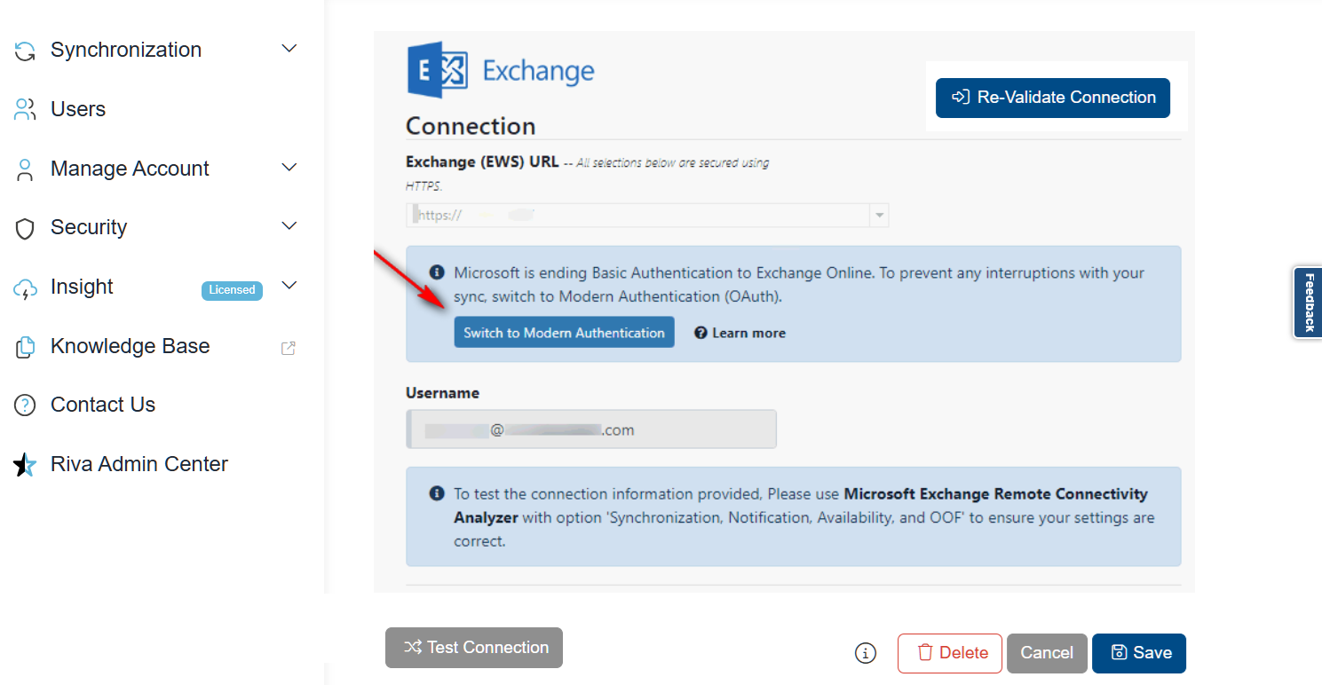 Convert an Exchange Online Connection to OAuth For Riva Cloud – Riva Engine Knowledgebase